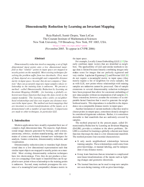 (PDF) Dimensionality Reduction by Learning an Invariant Mapping (PDF) Dimensionality Reduction by Learning an Invariant Mapping