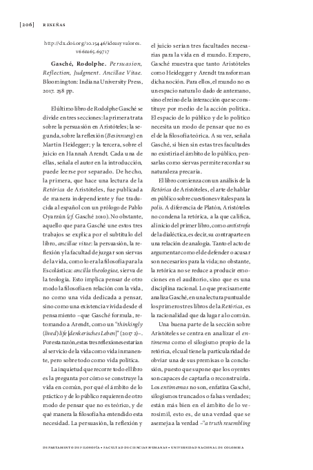 (PDF) Rodolphe Gasché. Persuasion, Reflection, Judgment. Ancillae Vitae