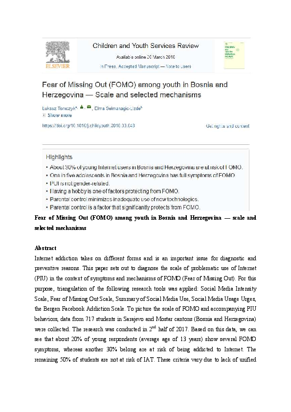 (PDF) Fear of Missing Out (FOMO) among youth in Bosnia and Herzegovina ...