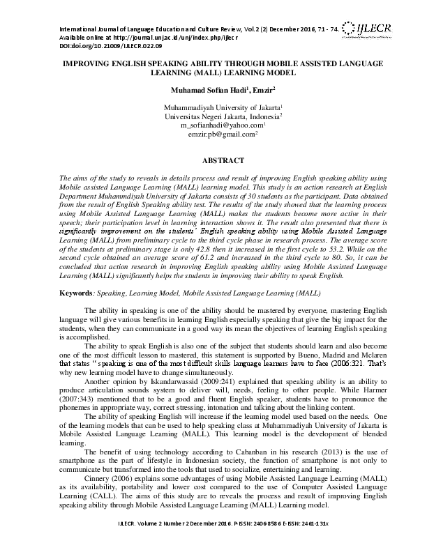 (PDF) IMPROVING ENGLISH SPEAKING ABILITY THROUGH MOBILE ASSISTED ...