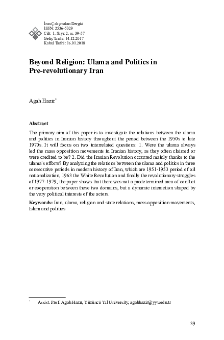 (PDF) Beyond Religion: Ulama and Politics in Pre-revolutionary Iran