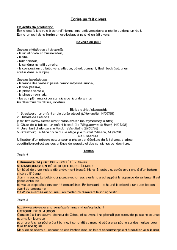 (PDF) Ecrire un fait divers