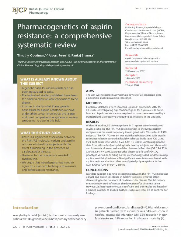 (PDF) Pharmacogenetics of aspirin resistance: a comprehensive systematic review