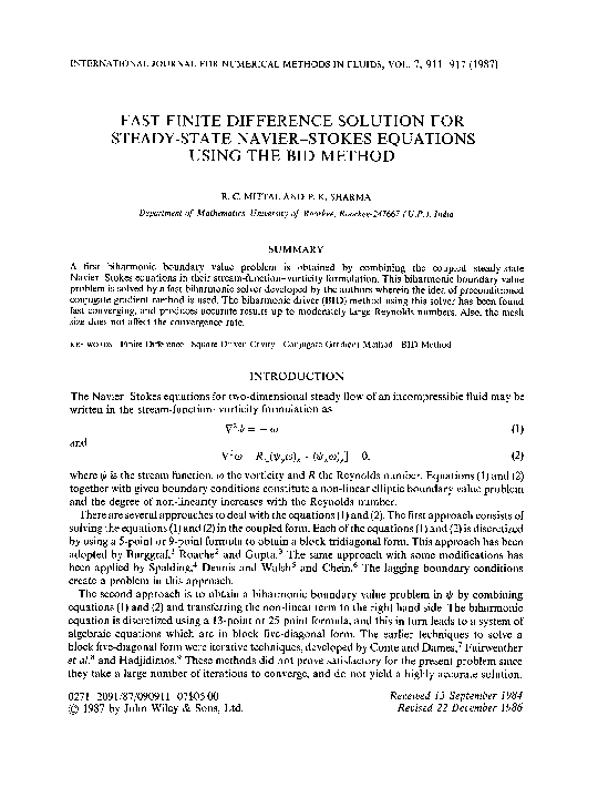 Pdf Fast Finite Difference Solution For Steady State Navier Stokes Equations Using The Bid Method