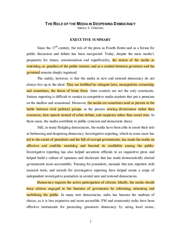 (PDF) THE ROLE OF THE MEDIA IN DEEPENING DEMOCRACY