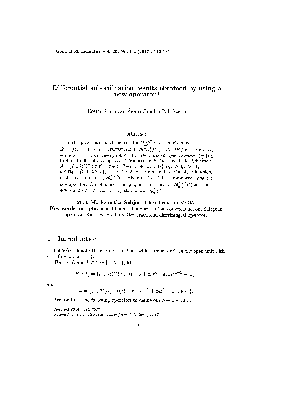 Pdf Differential Subordination Results Obtained By Using A New Operator Páll Szabó Ágnes