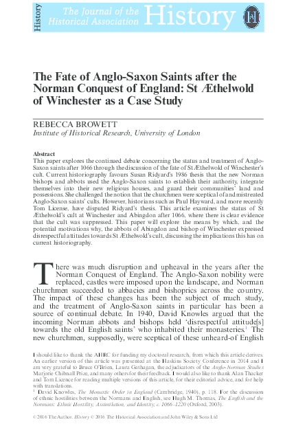 (PDF) The Fate of Anglo-Saxon Saints' Cults After the Norman Conquest ...