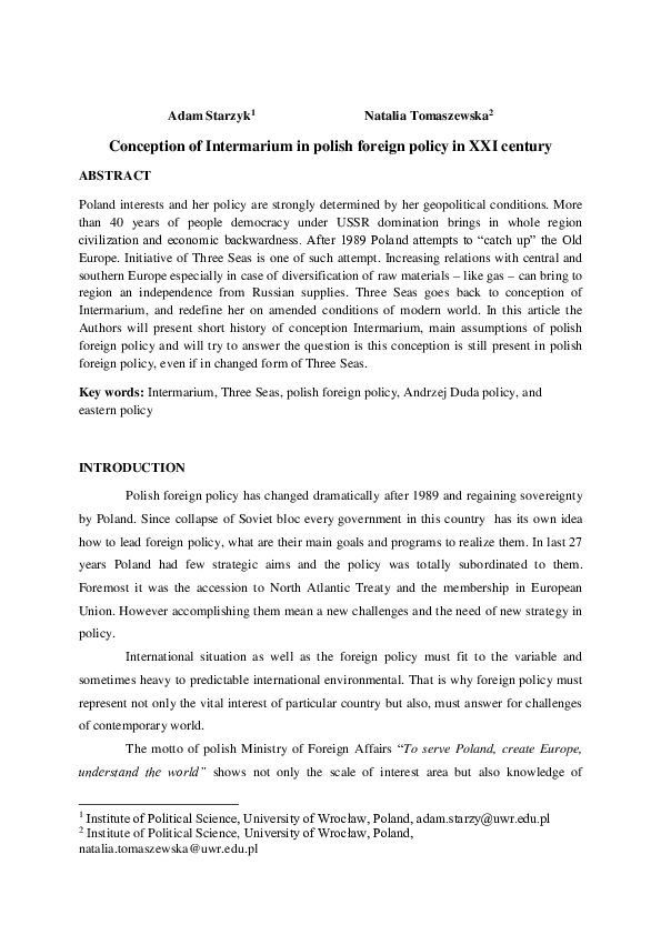 (DOC) Conception of Intermarium in polish foreign policy in XXI century