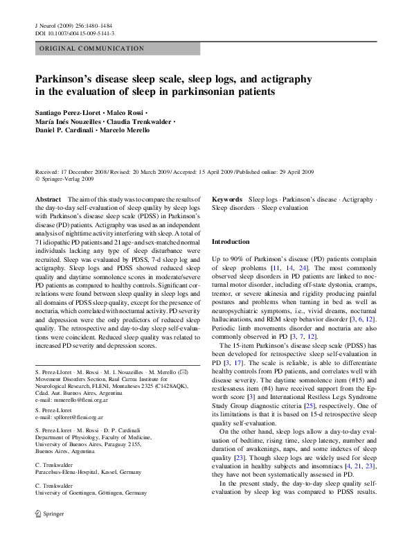 (PDF) Parkinson's disease sleep scale, sleep logs, and actigraphy in the evaluation of sleep in ...