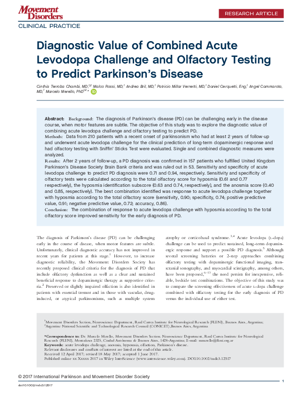 (PDF) Levodopa and Olfactory Testing for Early PD Diagnosis