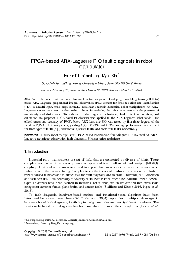 (PDF) FPGA-based ARX-Laguerre PIO fault diagnosis in robot manipulator
