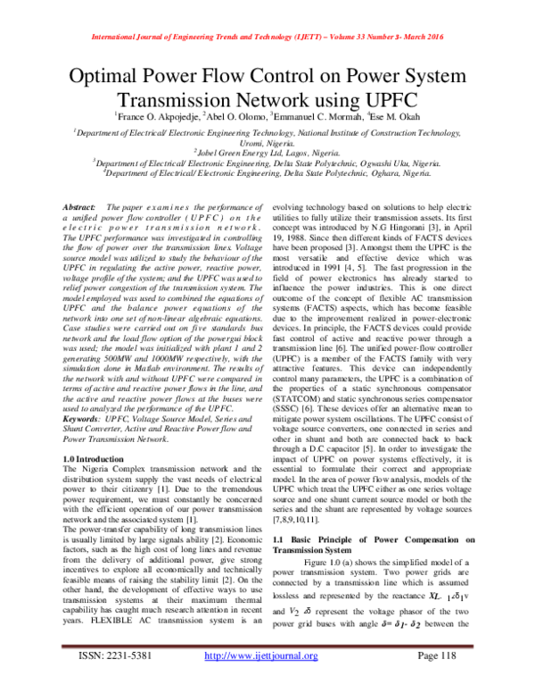Pdf Optimal Power Flow Control On Power System Transmission Network Using Upfc