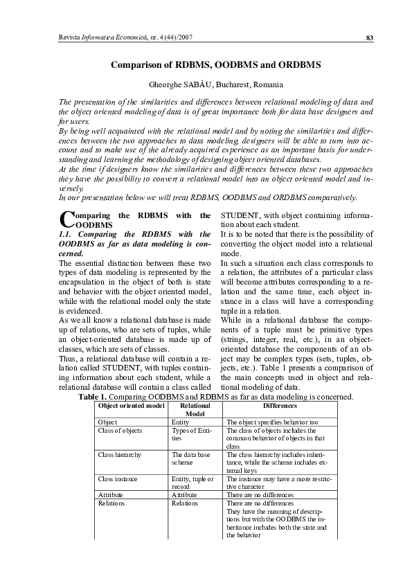 Pdf Comparison Of Rdbms Oodbms And Ordbms