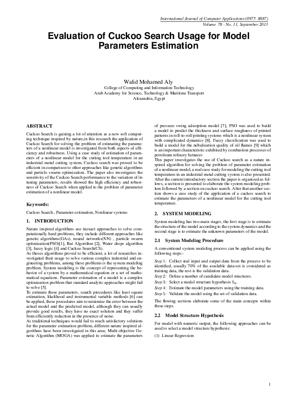 (PDF) Parameter Estimation of Nonlinear Systems Using Lèvy Flight Cuckoo Search