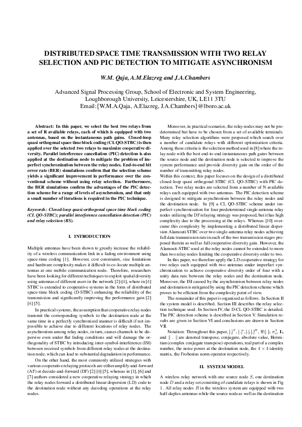 Pdf Distributed Space Time Transmission With Two Relay Selection And Pic Detection To Mitigate