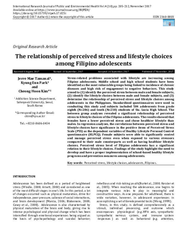 (PDF) The relationship of perceived stress and lifestyle choices among ...