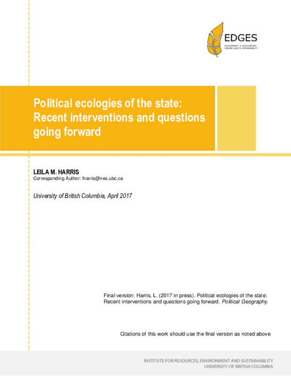 (PDF) Political Ecologies of the State: Recent Interventions and Questions going forward