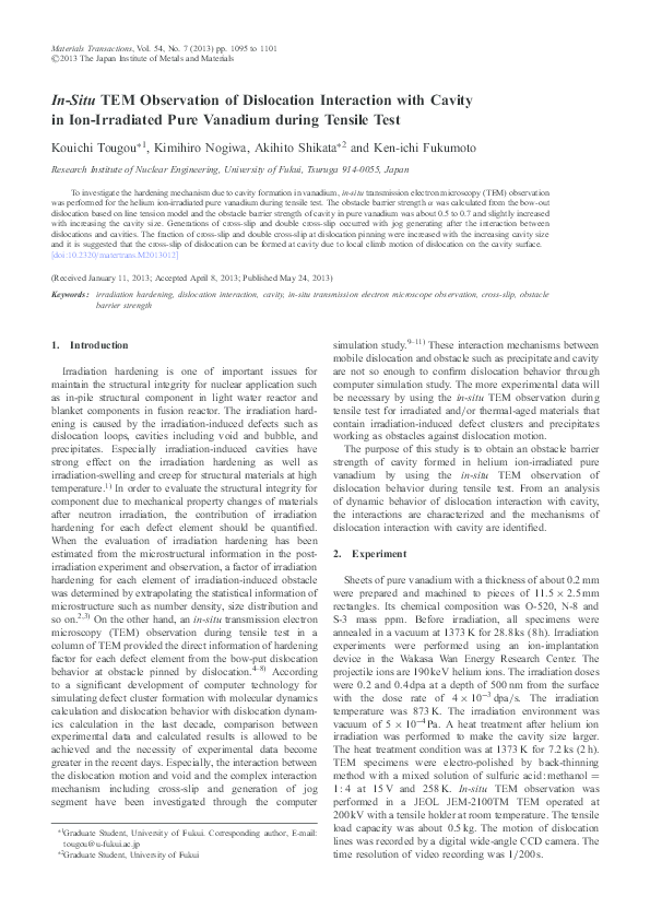 Pdf In Situ Tem Observation Of Dislocation Interaction With Cavity In