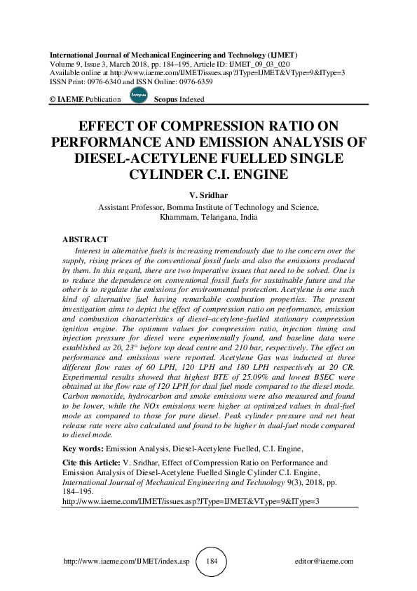 Pdf Effect Of Compression Ratio On Performance And Emission Analysis Of Diesel Acetylene