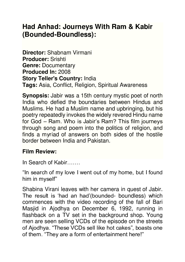 (DOC) Reading and reflecting Had Anhad: Journeys With Ram & Kabir ...