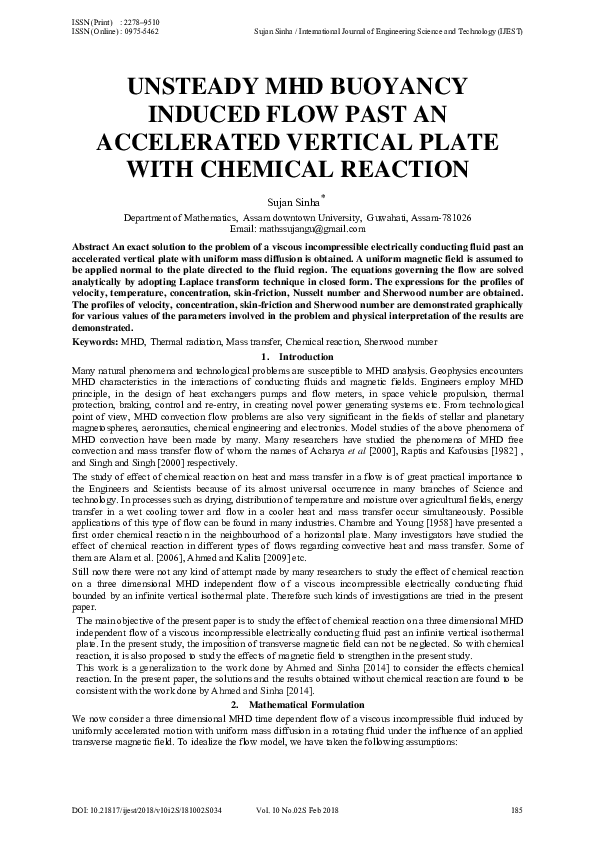 (PDF) UNSTEADY MHD BUOYANCY INDUCED FLOW PAST AN ACCELERATED VERTICAL PLATE WITH CHEMICAL REACTION