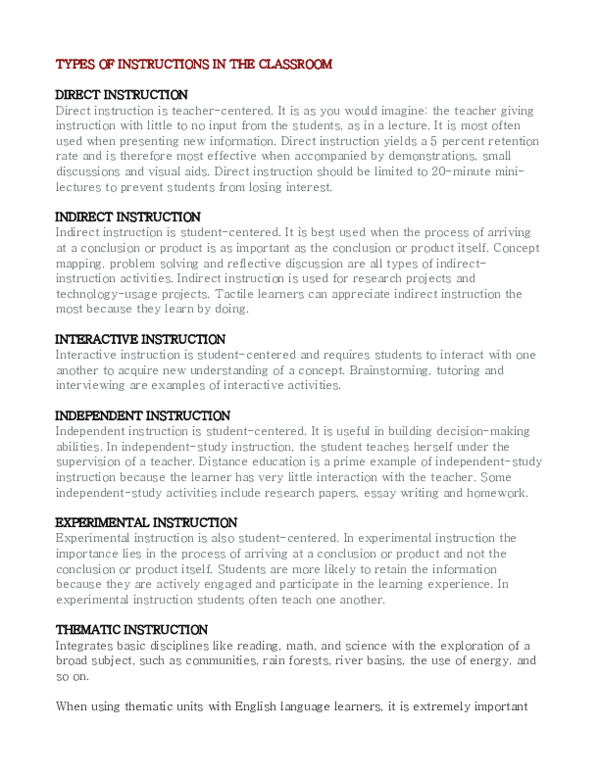 (PDF) TYPES OF INSTRUCTIONS IN THE CLASSROOM