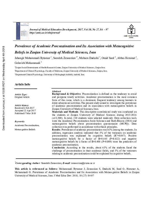 (PDF) Prevalence of Academic Procrastination and Its Association with Metacognitive
