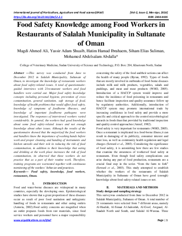 (PDF) Food Safety Knowledge among Food Workers in Restaurants of ...