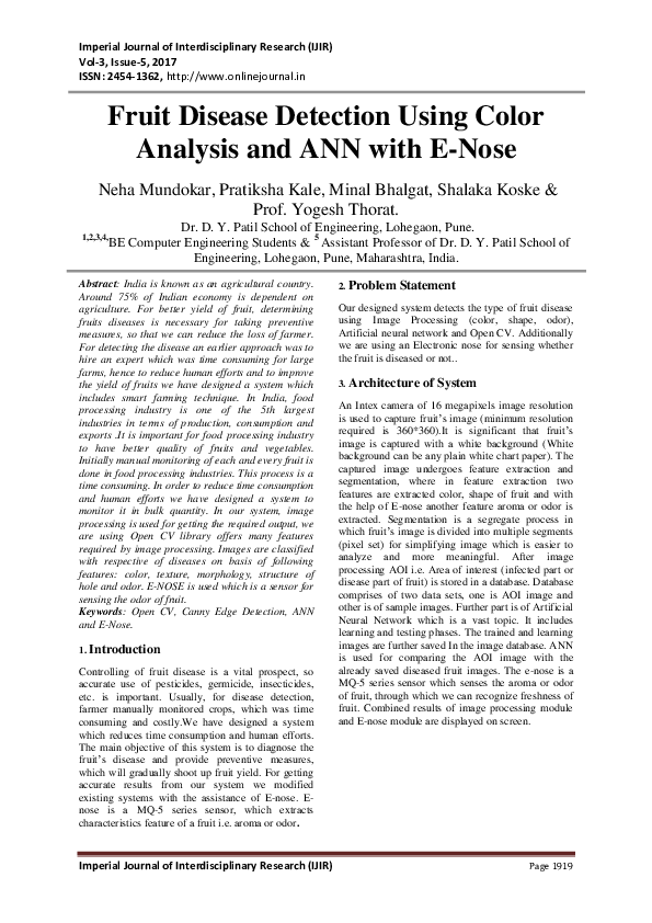 (PDF) Fruit Disease Detection Using Color Analysis and ANN with E-Nose