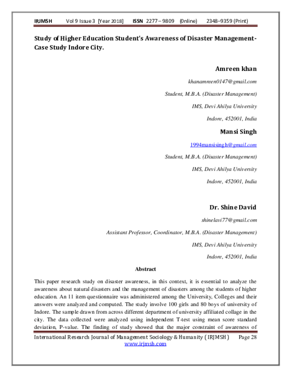 (PDF) Study of Higher Education Student's Awareness of Disaster ...