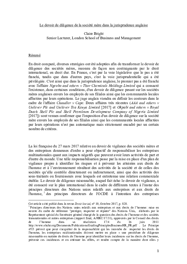 (PDF) Le devoir de vigilance dans la jurisprudence anglaise