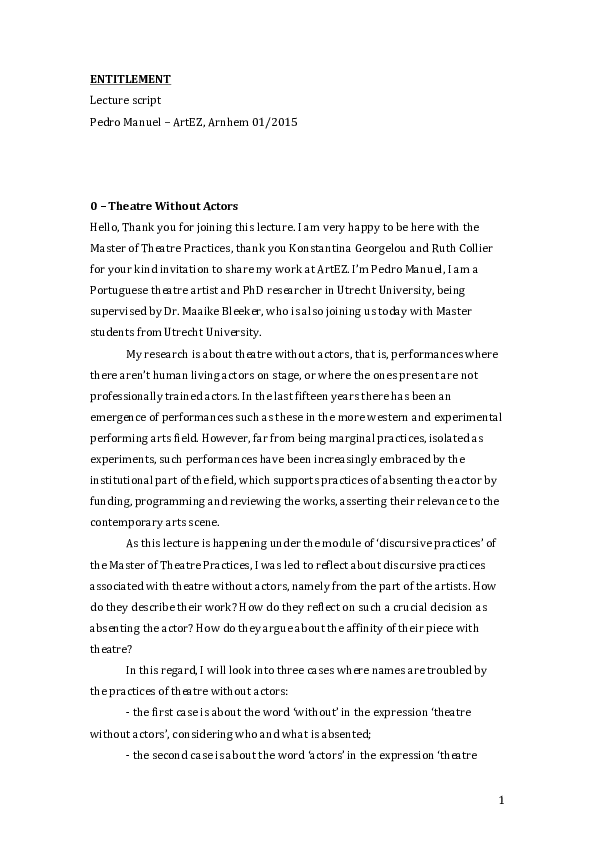 (PDF) Lecture ArtEZ MTP - on the notions "theatre", "without", "actors ...