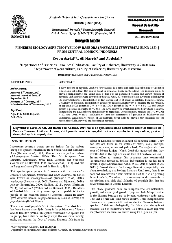 (PDF) FISHERIES BIOLOGY ASPECTSOF YELLOW RASBORA (RASBORALATERISTRIATA ...
