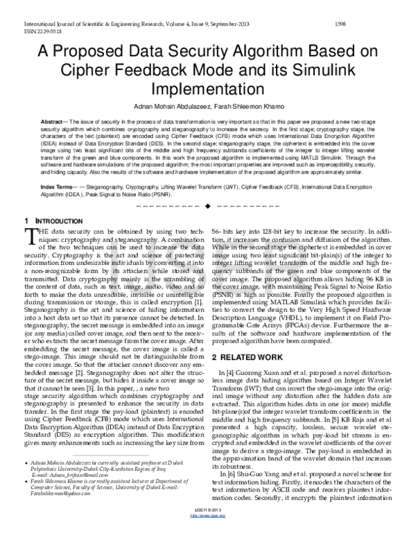 Pdf A Proposed Data Security Algorithm Based On Cipher Feedback Mode 9937