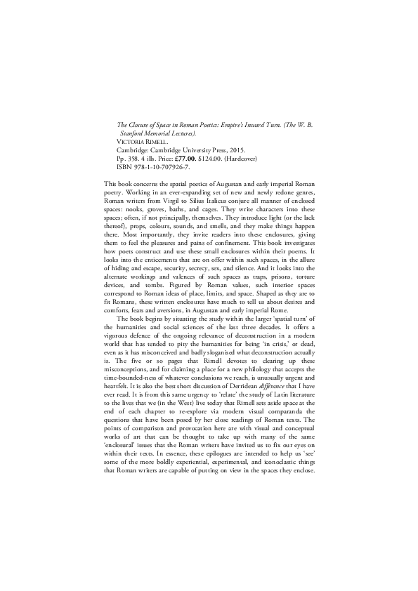 (PDF) Review of V. Rimell, 'The Closure of Space in Roman Poetics'