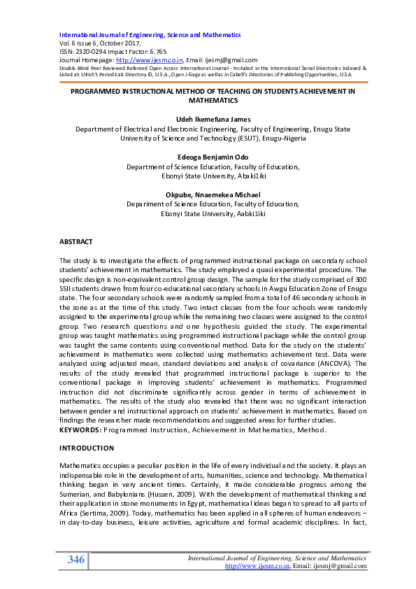 (PDF) PROGRAMMED INSTRUCTIONAL METHOD OF TEACHING ON STUDENTS ...