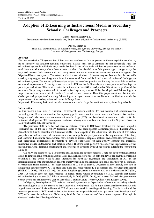 (PDF) Adoption of E-Learning as Instructional Media in Secondary Schools: Challenges and Prospects