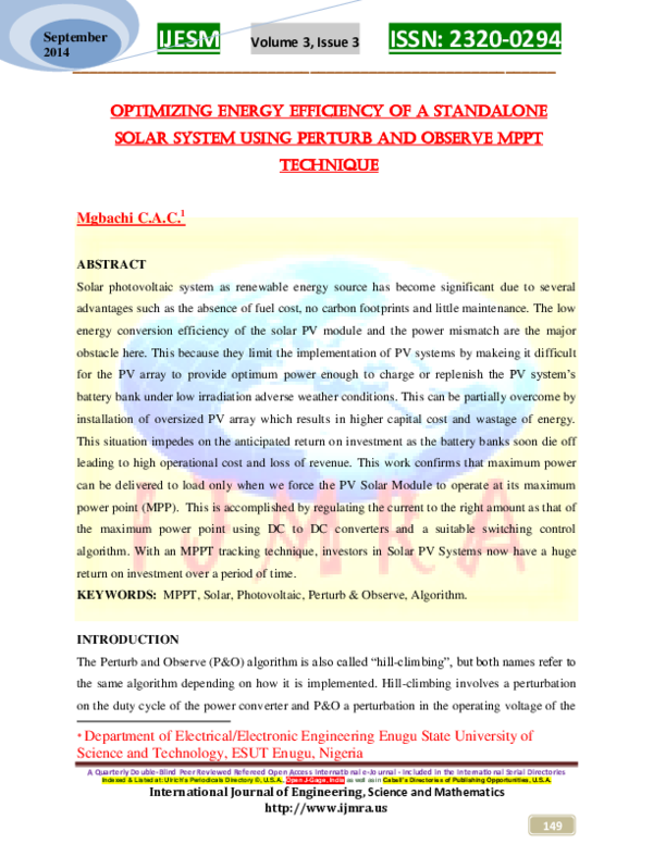 Pdf Optimizing Energy Efficiency Of A Standalone Solar System Using Perturb And Observe Mppt 