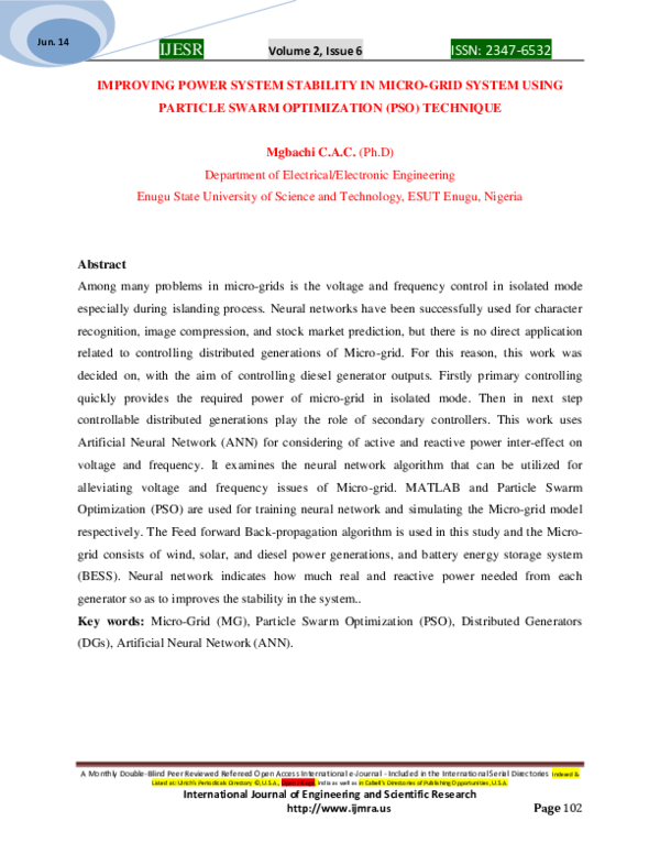 (PDF) IMPROVING POWER SYSTEM STABILITY IN MICRO-GRID SYSTEM USING PARTICLE SWARM OPTIMIZATION ...