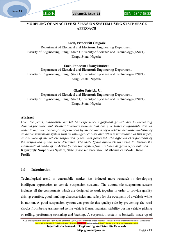 (PDF) MODELING OF AN ACTIVE SUSPENSION SYSTEM USING STATE SPACE APPROACH