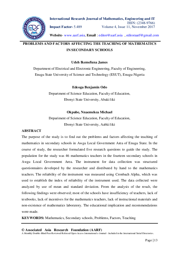 (PDF) PROBLEMS AND FACTORS AFFECTING THE TEACHING OF MATHEMATICS IN ...