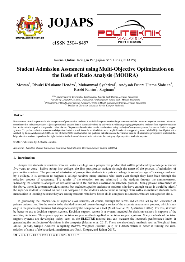 (PDF) Student Admission Assesment using Multi-Objective Optimization on the Basis of Ratio ...