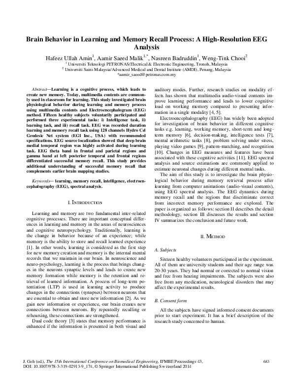 (PDF) Brain Behavior in Learning and Memory Recall Process: A High-Resolution EEG Analysis