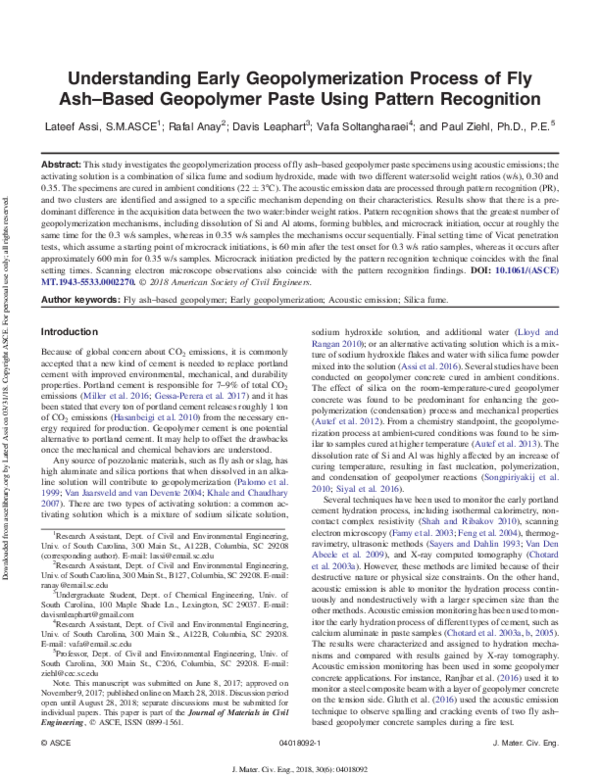 (PDF) Understanding Early Geopolymerization Process of Fly Ash–Based Geopolymer Paste Using ...