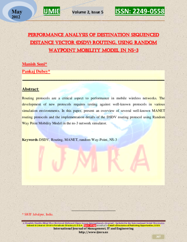 Pdf Ijmie May 2012 Performance Analysis Of Destination Sequenced Distance Vector Dsdv