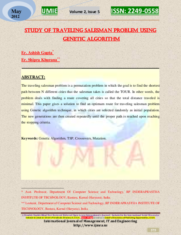 (PDF) IJMIE Study of Traveling Salesman Problem Using Genetic Algorithm