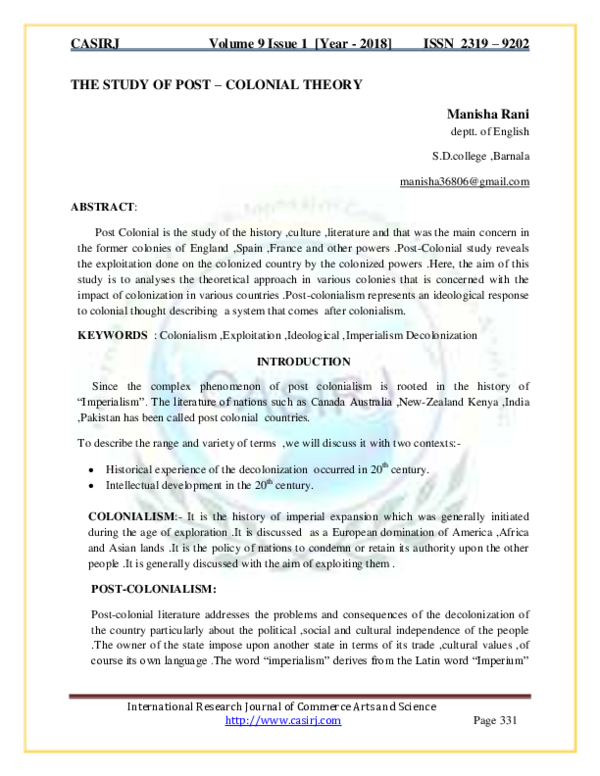 (PDF) THE STUDY OF POST – COLONIAL THEORY