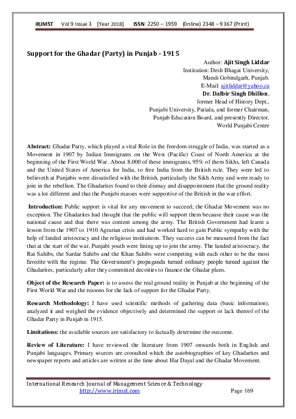 (PDF) Support for the Ghadar (Party) in Punjab -1915