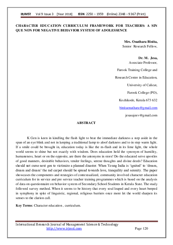 (PDF) CHARACTER EDUCATION CURRICULUM FRAMEWORK FOR TEACHERS: A SIN QUE ...