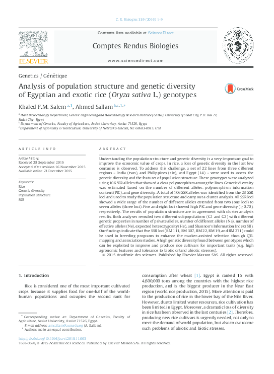 (PDF) Genetics / Gé né tique Analysis of population structure and genetic diversity of Egyptian ...